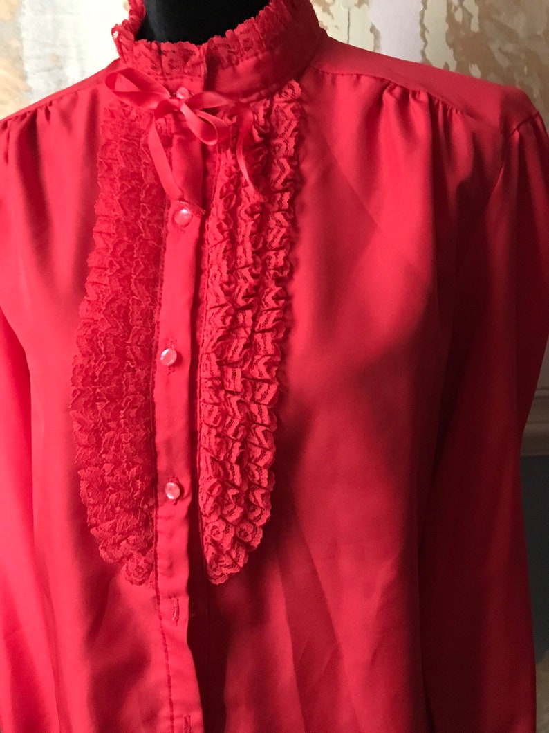 1980s Vintage Ruffled Lace Bib Blouse With Ribbon Tie Neck in Lipstick ...