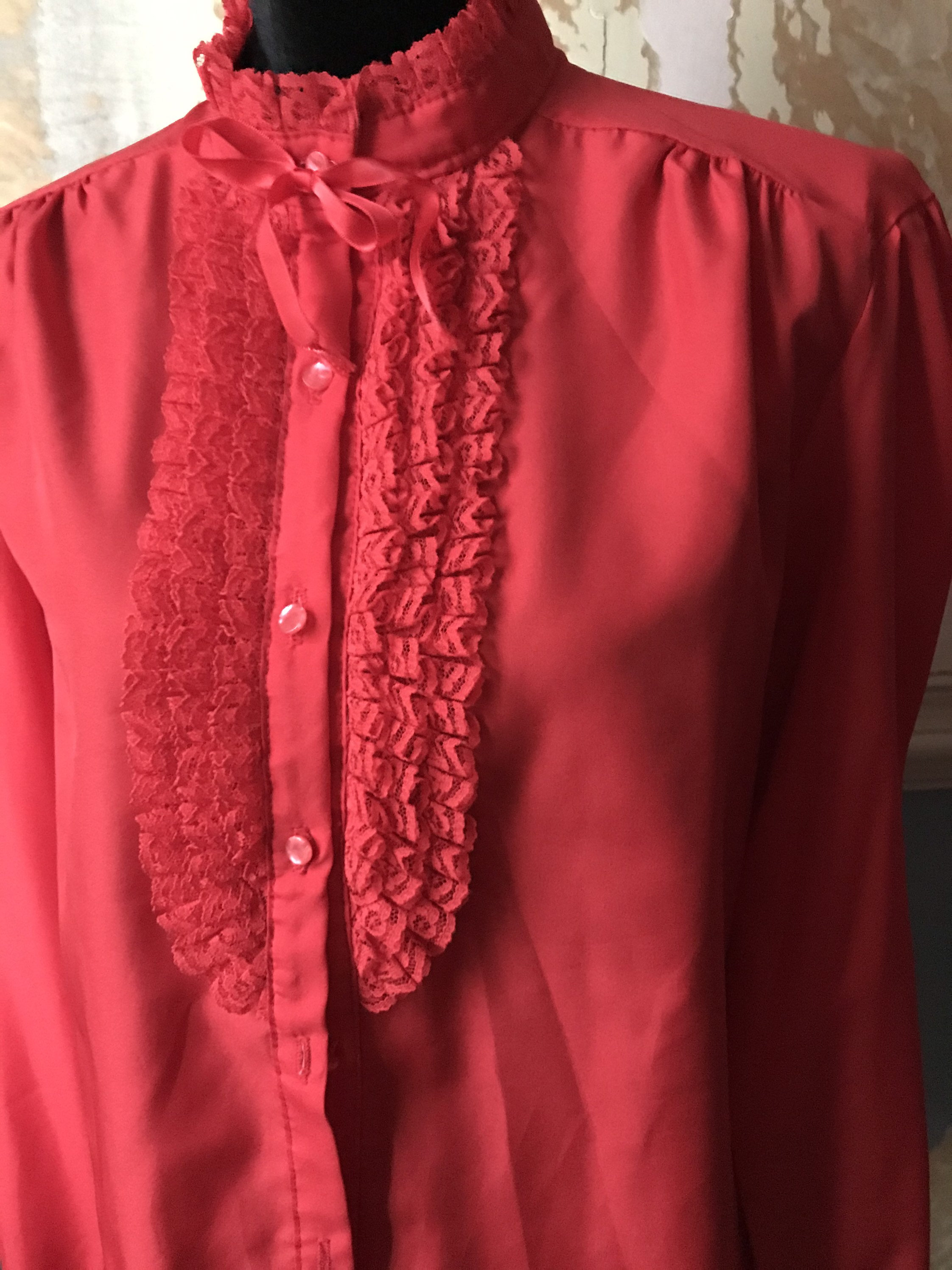 1980s Vintage Ruffled Lace Bib Blouse With Ribbon Tie Neck in Lipstick ...