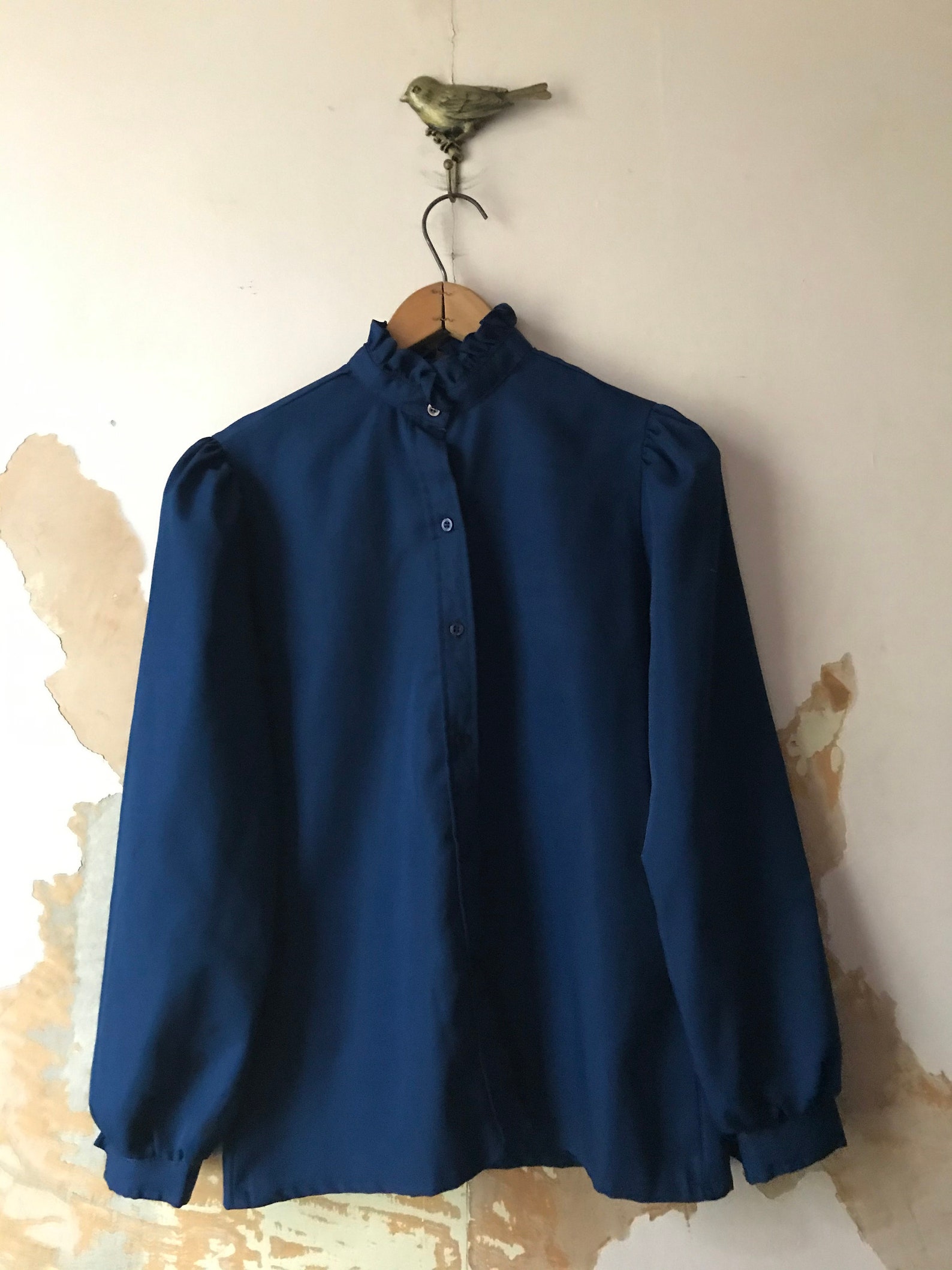 80s Ruffle Neck Cobalt Blue Blouse by Stuffed Shirt Size SM - Etsy