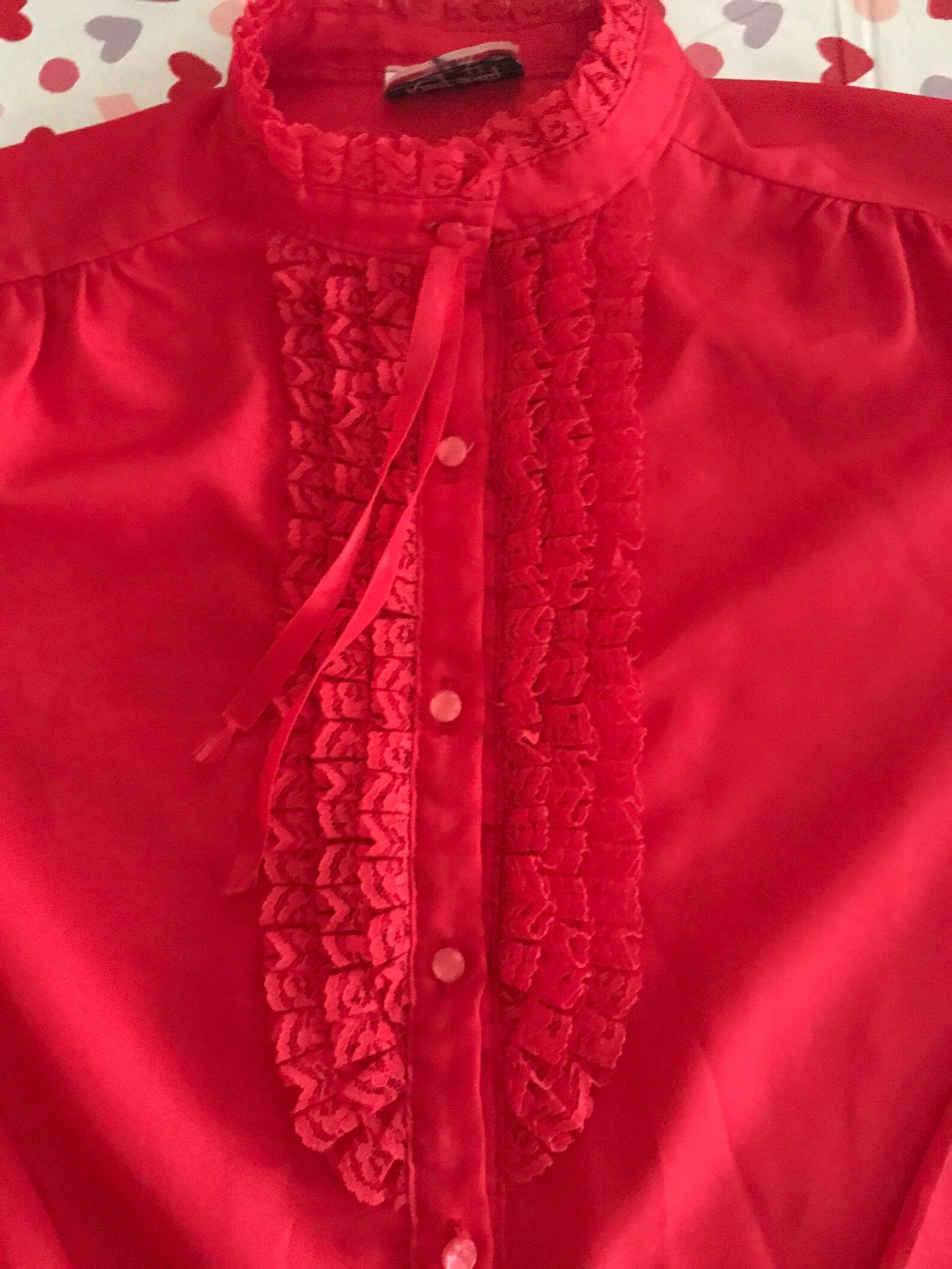 1980s Vintage Ruffled Lace Bib Blouse With Ribbon Tie Neck in Lipstick ...