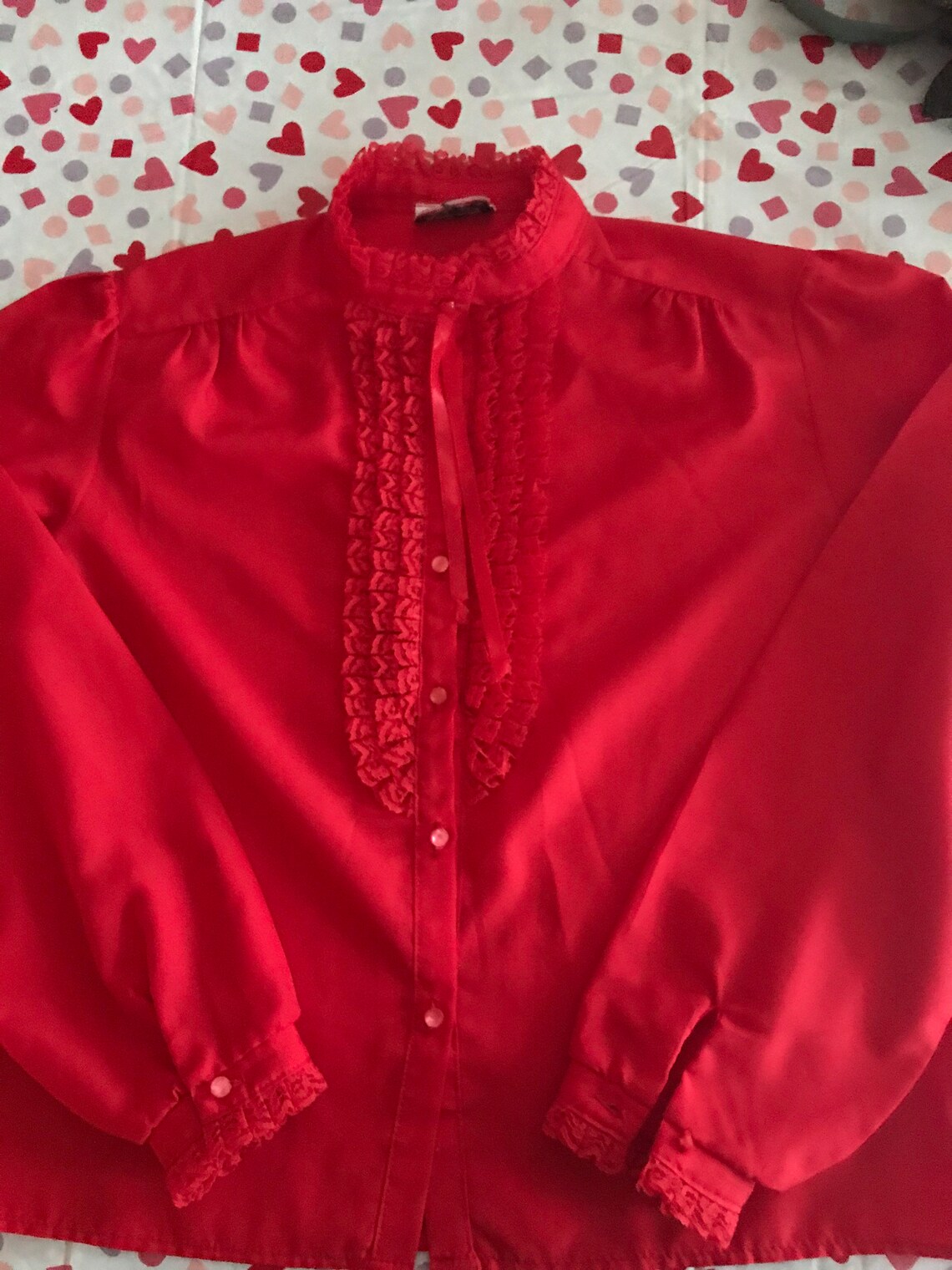 1980s Vintage Ruffled Lace Bib Blouse With Ribbon Tie Neck in Lipstick ...