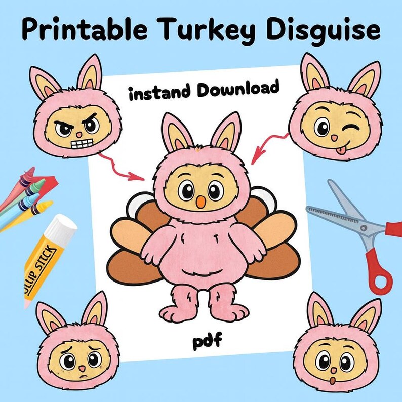 Printable Turkey Disguise Craft Kit, Cute Monster Labubu Style Costume ...