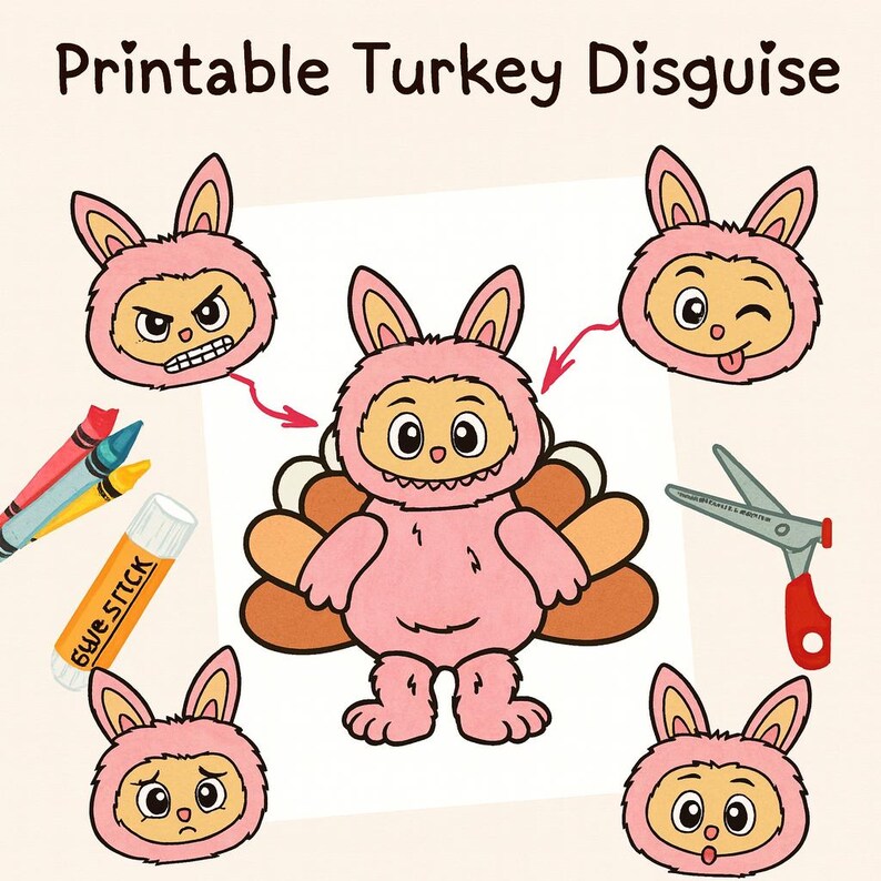 Printable Turkey Disguise Craft Kit, Cute Monster Labubu Style Costume ...