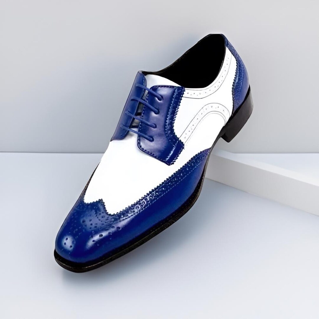 Handmade Leather Wingtip Brogue Shoes: White & Blue Spectator Oxfords ...