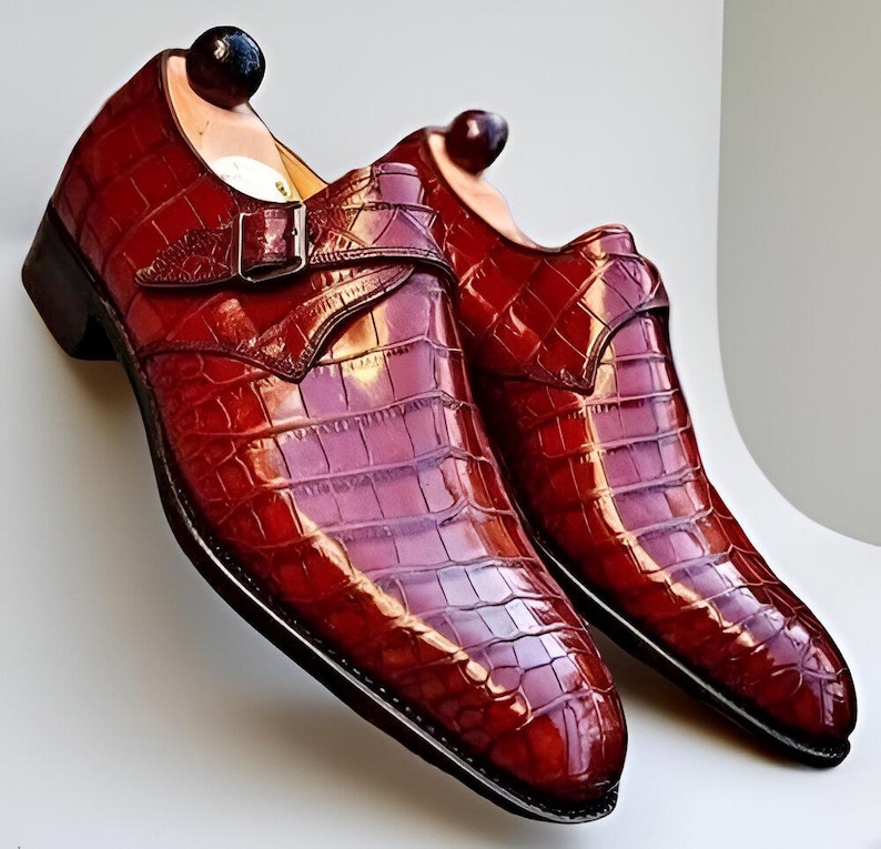Handmade Red Leather Monk Strap Shoes: Crocodile Pattern Dress Shoes - Etsy
