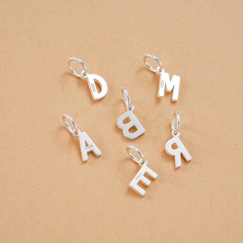 925 Sterling Silver Initial Letter Charm, Minimalist Alphabet Letter ...