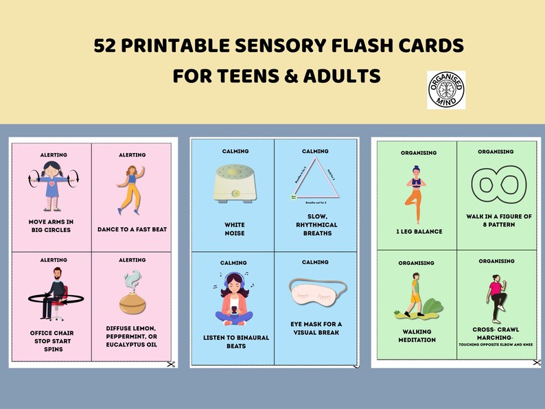 Printable Sensory Cards for Teens and Adults | 52 Calming, Alerting and ...