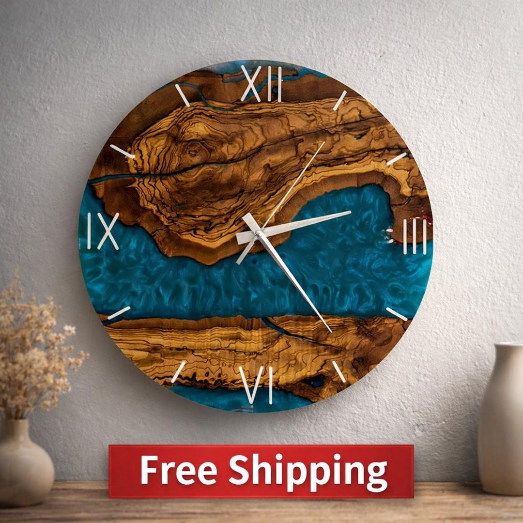 Handcrafted Olive Wood & Blue Resin Wall Clock – Modern Statement Clock ...