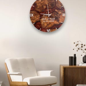 Personalized Olive Wood & Silver Epoxy Wall Clock – Rustic Anniversary Gift - Etsy