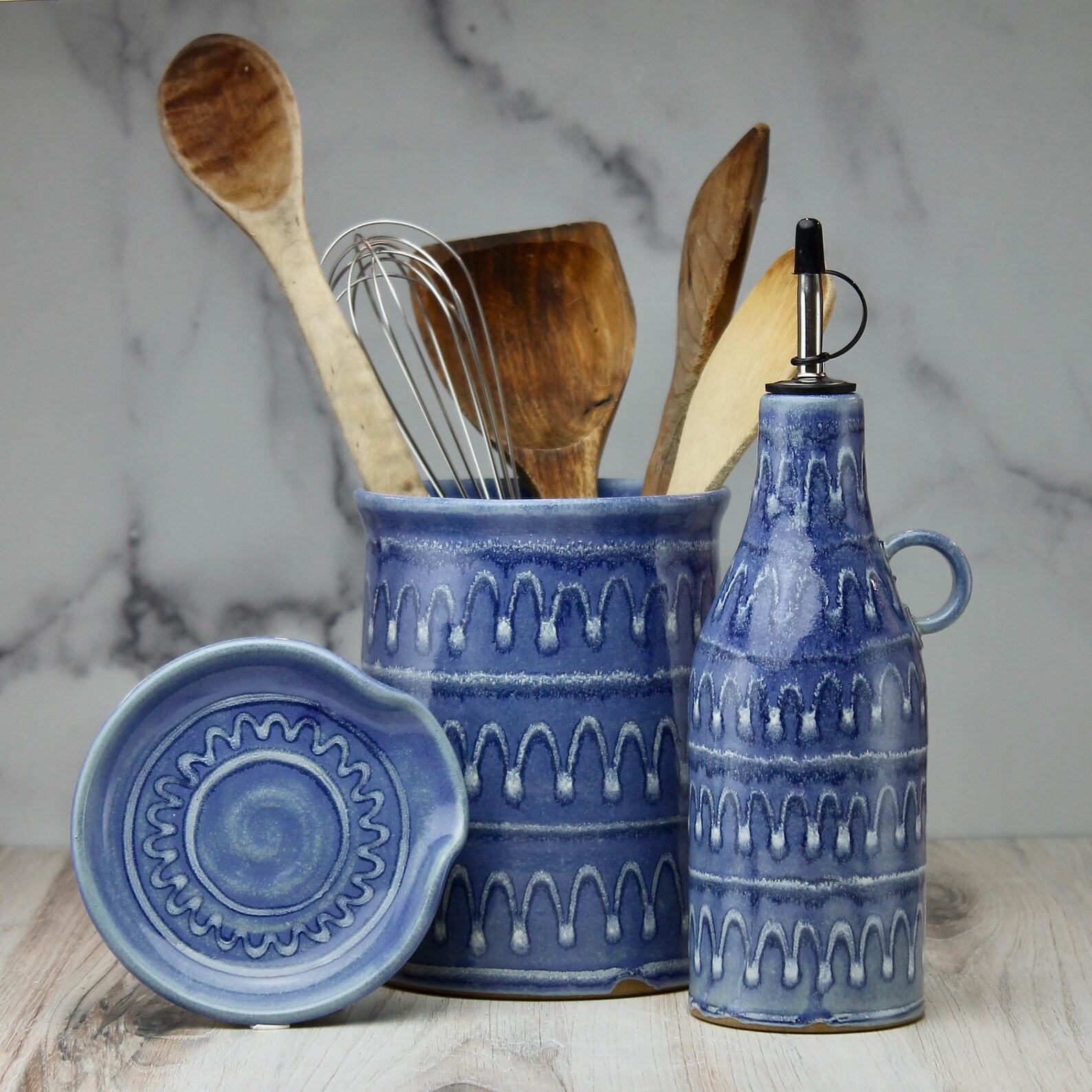 Handmade Ceramic Kitchen Set: Prairie Blue Utensil Holder, Oil Bottle ...