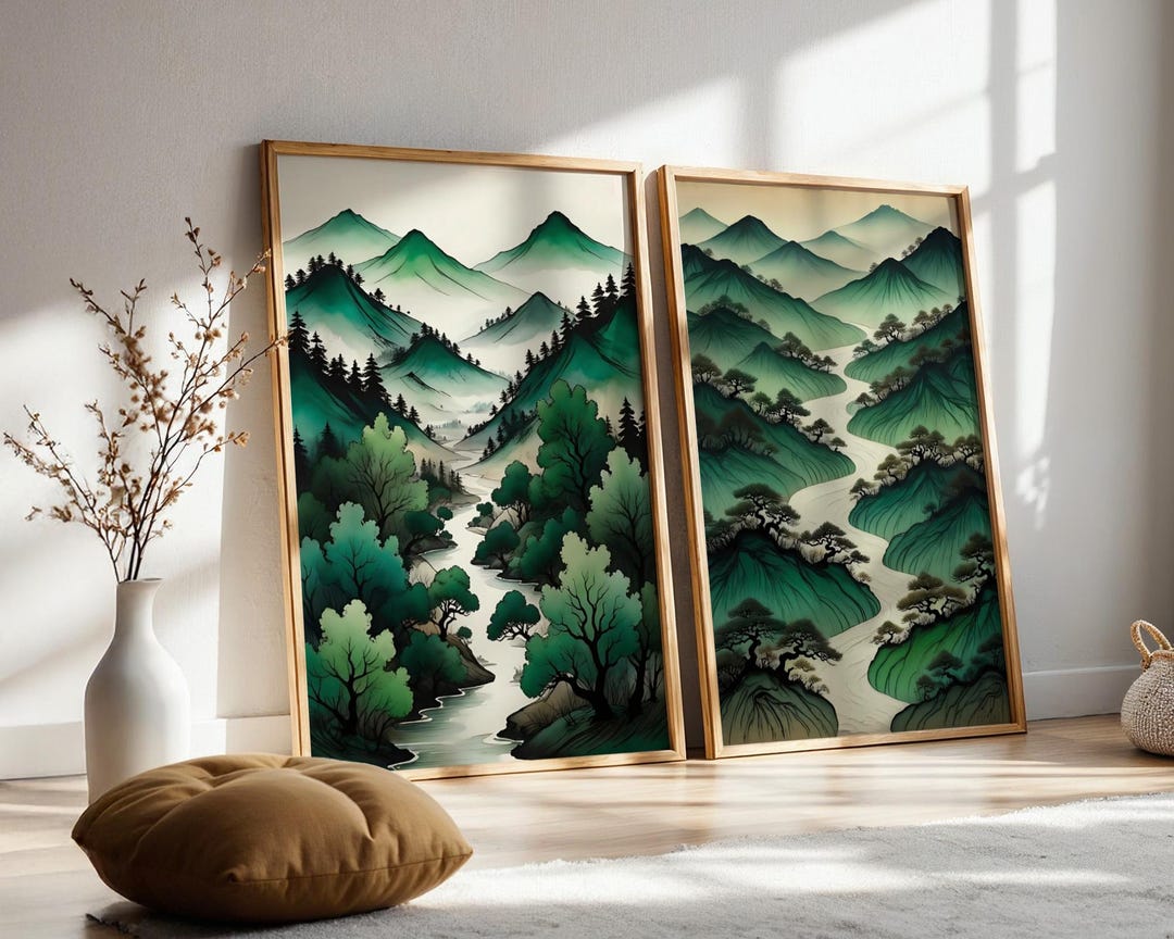 Japanese Wall Art Set of 2, Japanese Forest Wall Art Green, Japandi ...