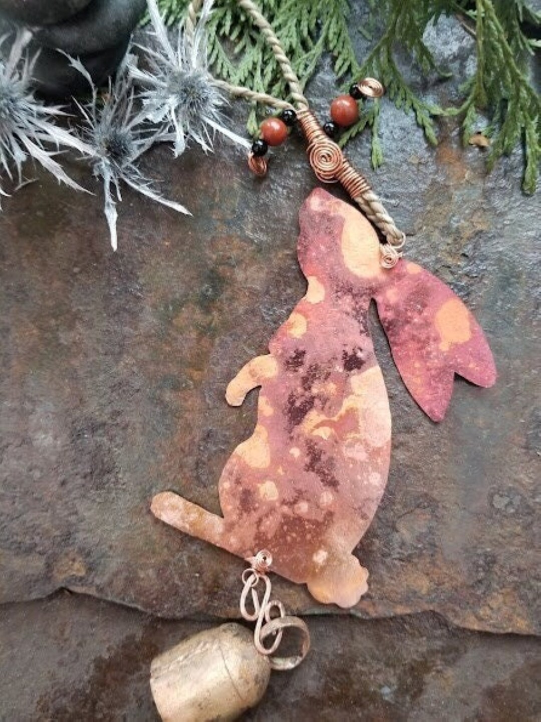 Copper Rabbit Wind Chime: Patina Bunny Garden Decor With Jasper Beads ...