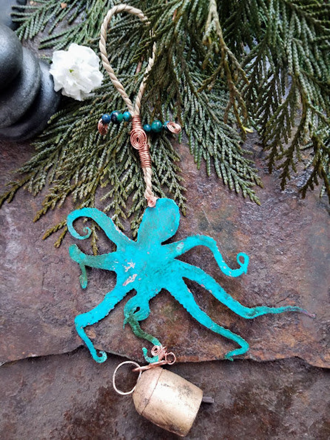 Blue Octopus Wind Chime Copper Patina Octopus Garden Chime Valentine ...