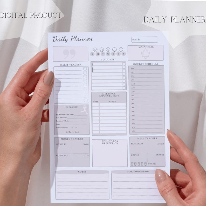 Printable Daily Planner Template, Monday and Sunday Start, A4 Letter ...