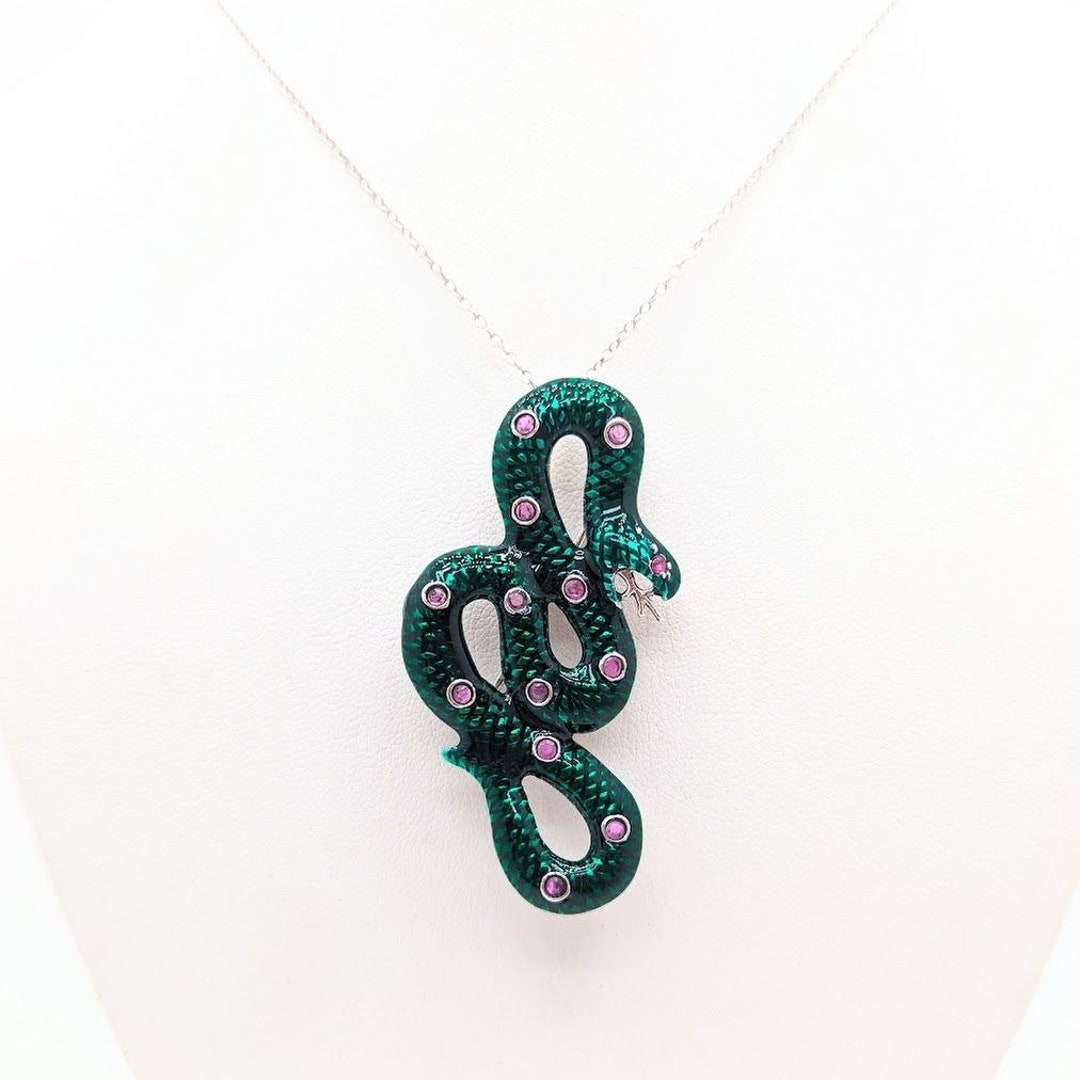 Vintage Snake Pendant, Ruby Enamel Snake Necklace, Sterling Green Snake ...