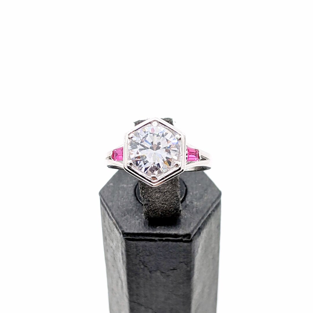 Diamond Ruby Octagon Ring, Art Deco Style Silver Ruby & Diamond CZ ...