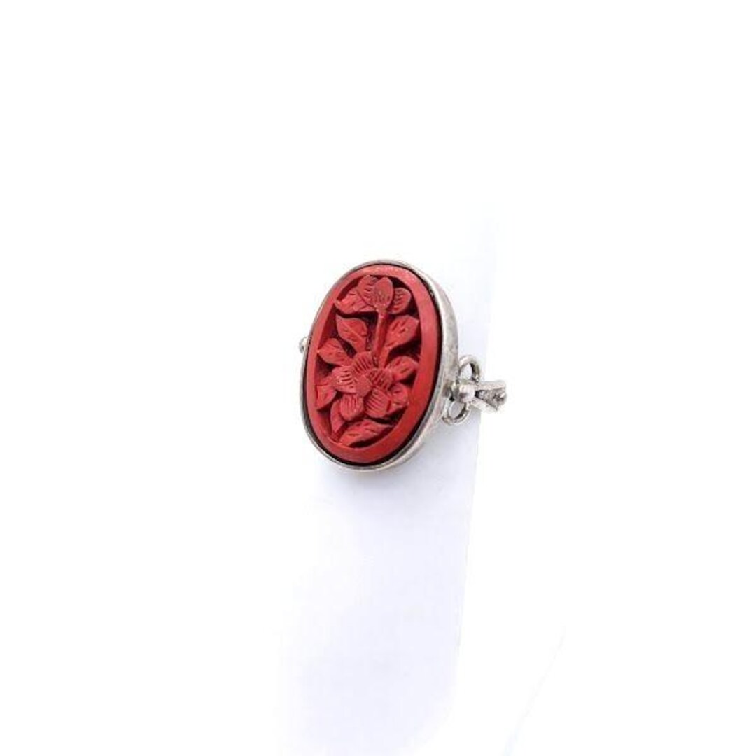 Art Deco Red Cinnabar Platinum Ring, Antique Oval Carved Cinnabar ...