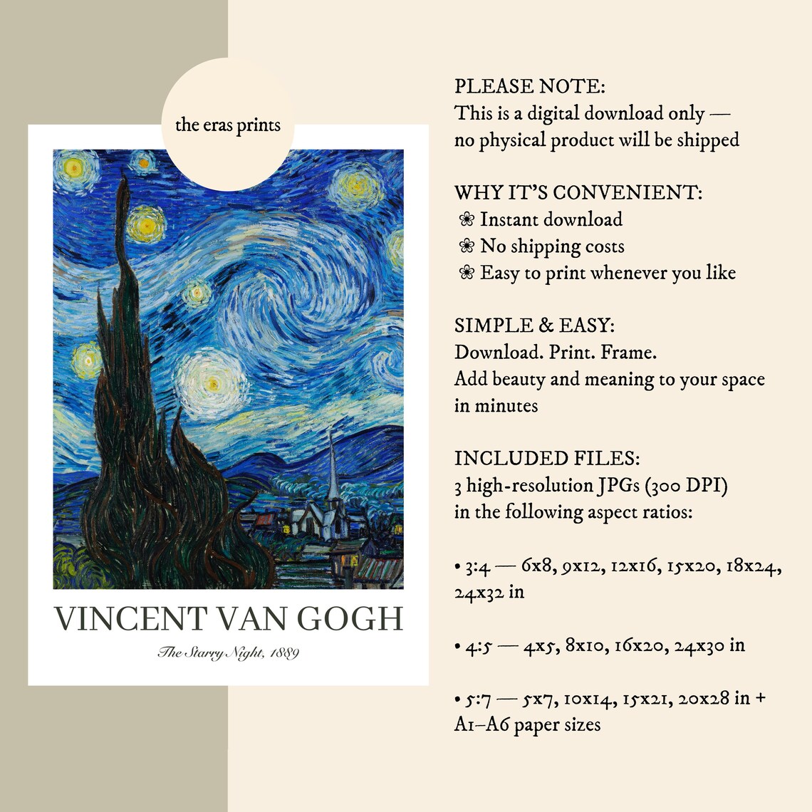The Starry Night, Art by Vincent Van Gogh, Digital Print, Printable ...