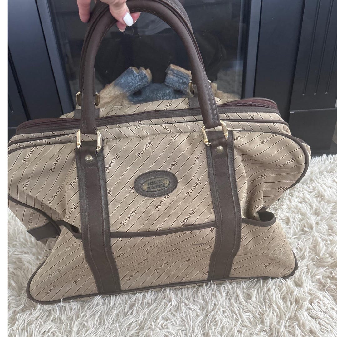Vintage Peruzzi Florence Italian Canvas Monogram Leather Trim Duffle ...