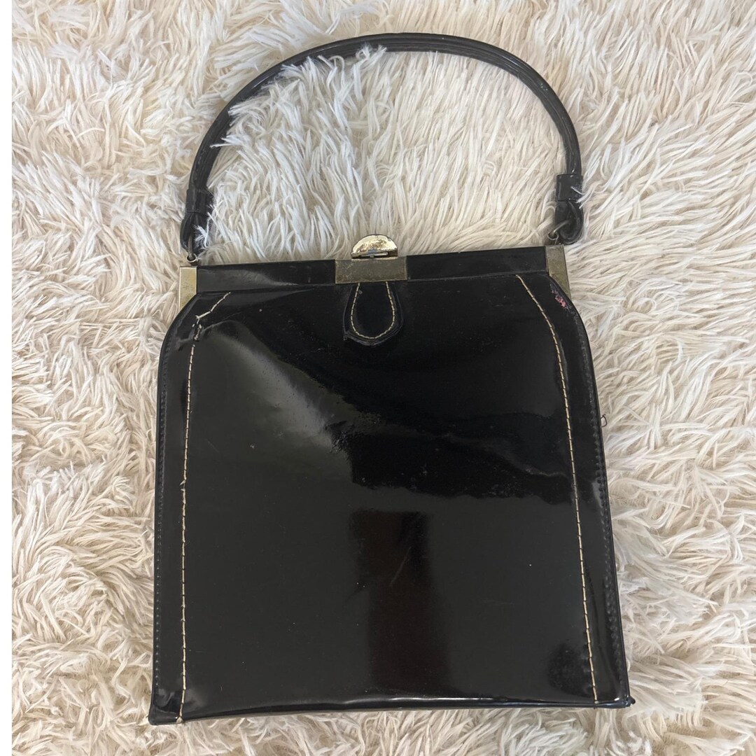 Vintage 1940's Black Patent Leather Kiss Lock Frame Handbag Evening Bag ...
