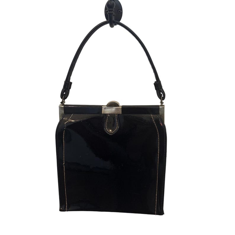 Vintage 1940's Black Patent Leather Kiss Lock Frame Handbag Evening Bag ...