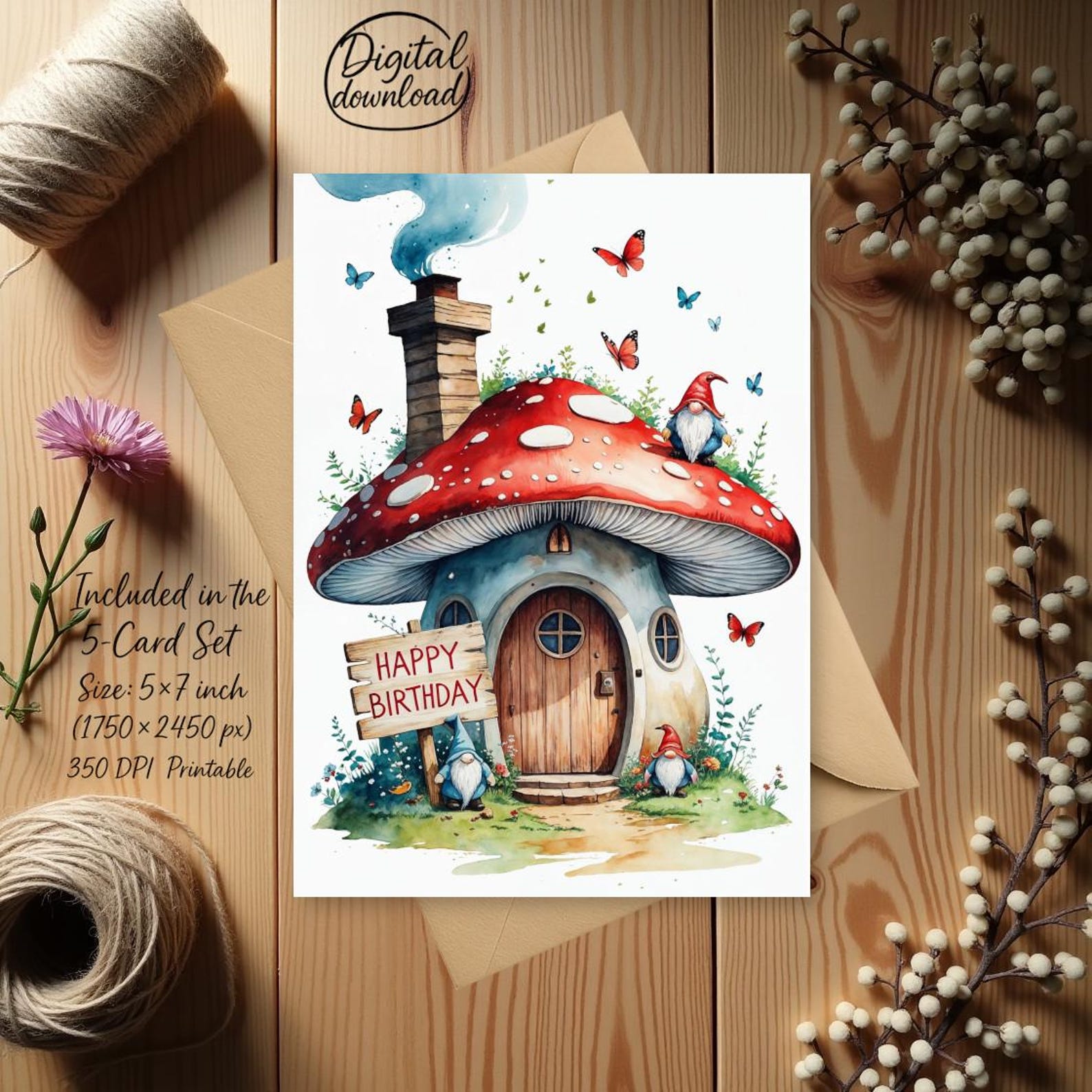 Happy Birthday Mushroom House Card – Whimsical Forest Gnome Scene With ...