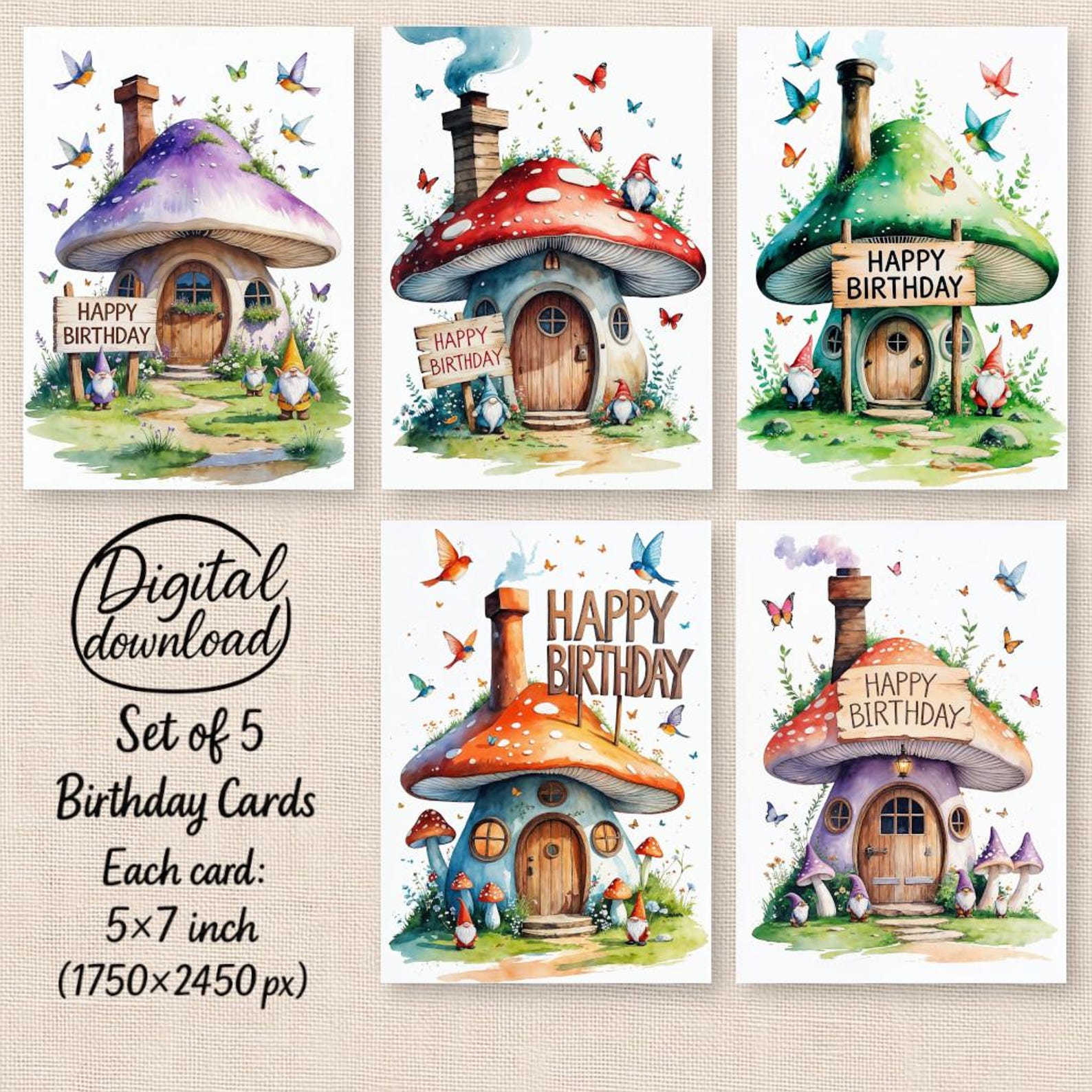 Happy Birthday Mushroom House Card – Whimsical Forest Gnome Scene With ...
