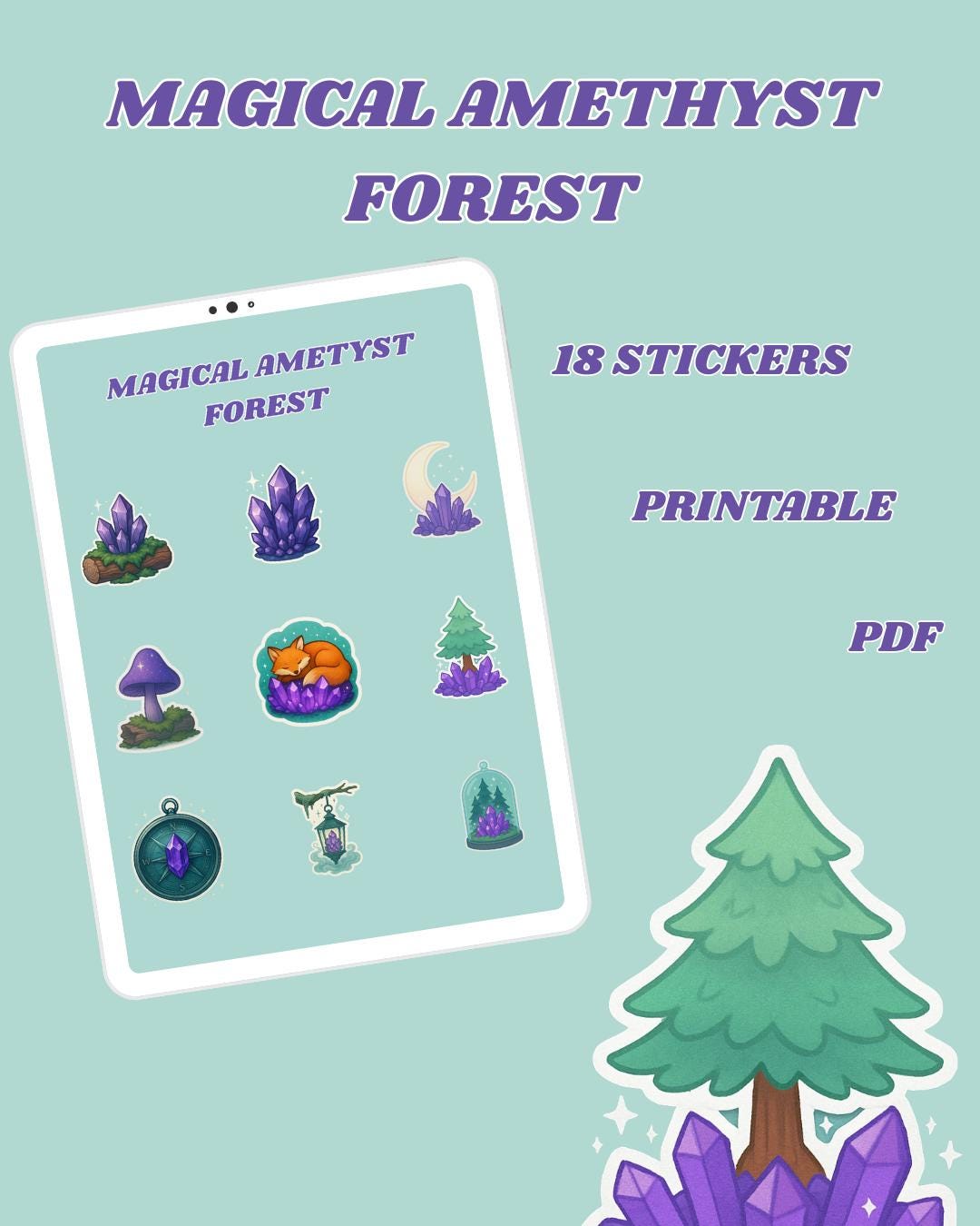 Teal Crystal Forest Printable Sticker Sheet – 18 Amethyst Forestcore ...