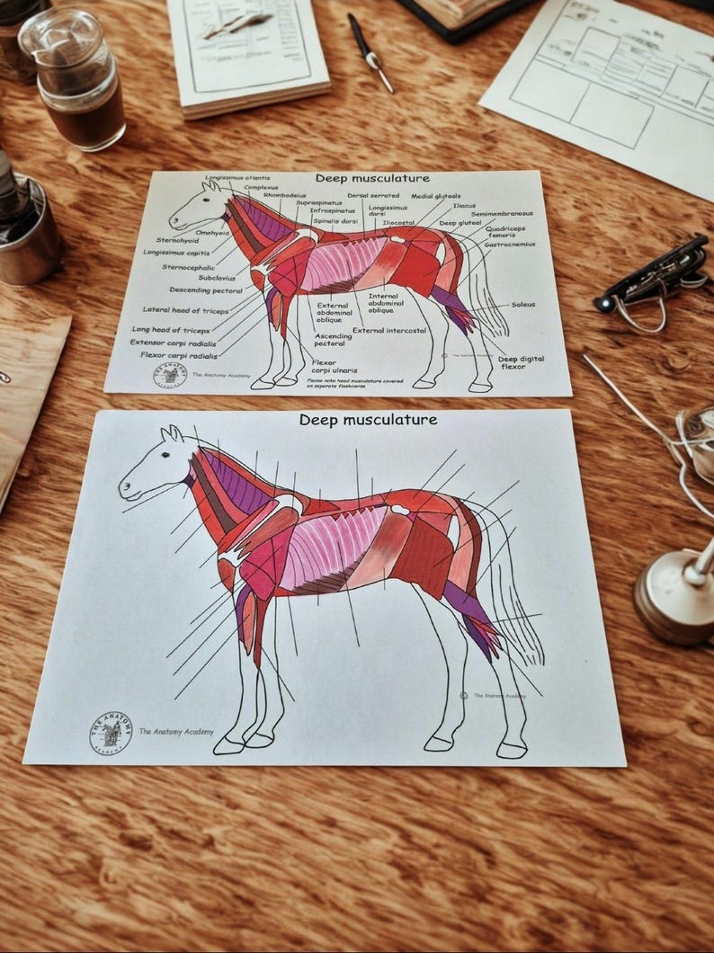 Bundel anatomiediagrammen paardenspier, gelamineerde A4-studiekaarten ...