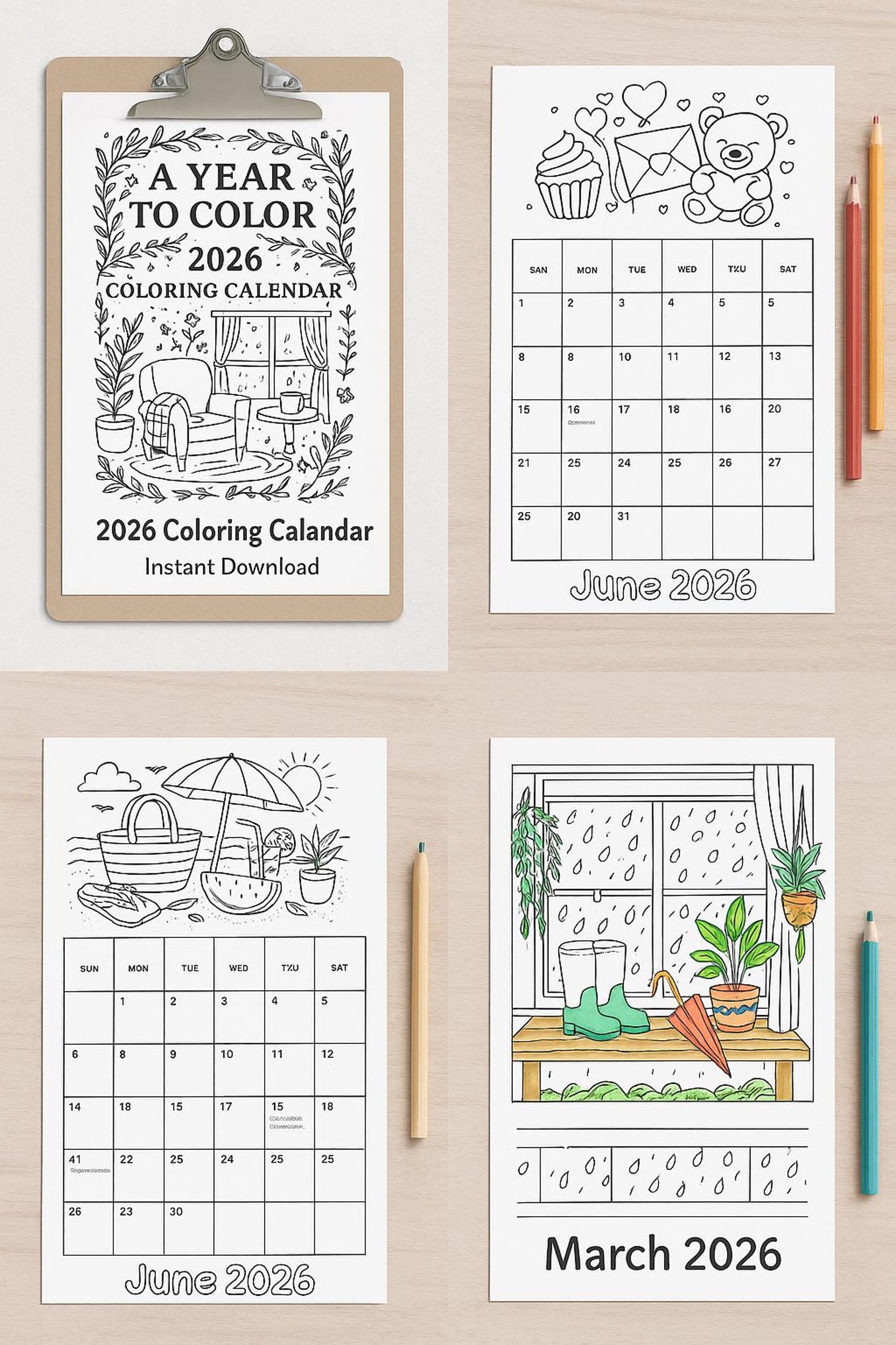 2026 COLORING CALENDAR PRINTABLE | Monthly Coloring Pages Calendar ...