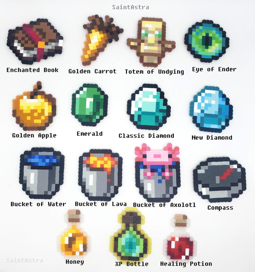 Minecraft Item Perlers // Axolotl Ender Diamond Emerald XP Bottle ...