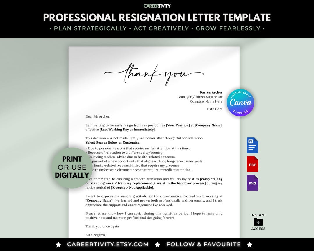 Professional Resignation Letter Template | Prewritten Content - Fill in ...