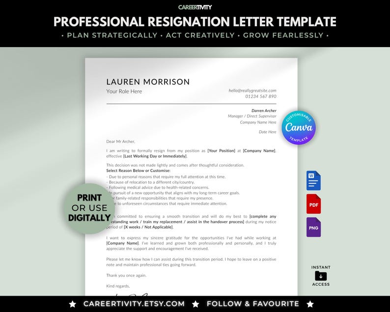 Professional Resignation Letter Template | Prewritten Content - Fill in ...