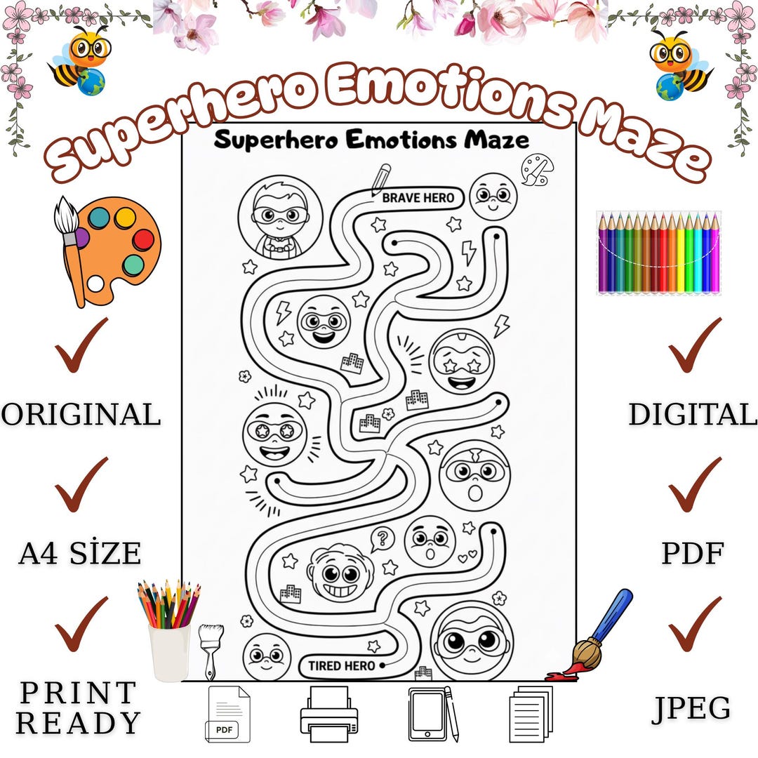 Superhero Emotions Maze Coloring Page: Kids Printable Worksheet (PDF ...