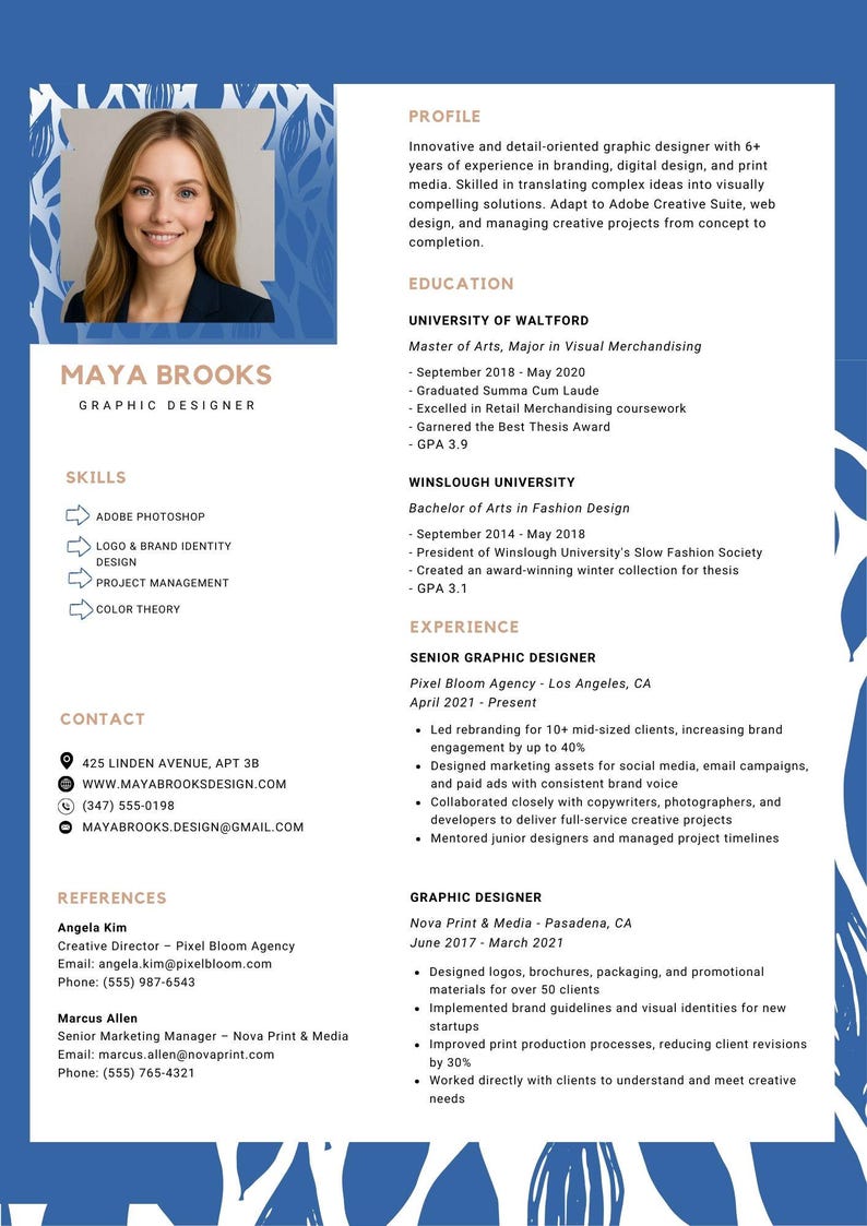 Beautiful Feminine Resume Template | Professional 2-page CV With Cover ...