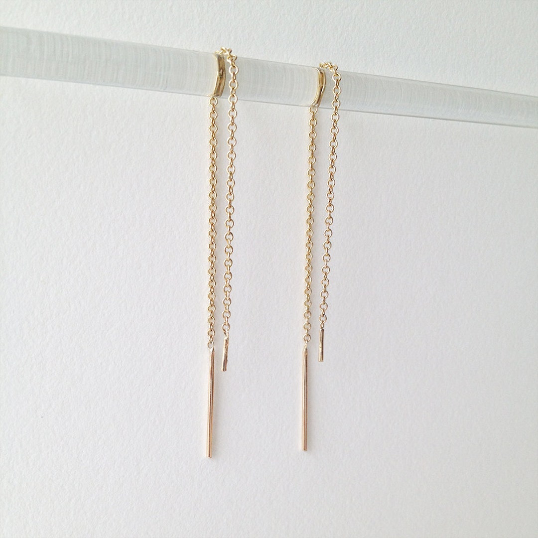 Solid 14k Yellow Gold Threader Earrings: Dainty Bar Ends, Delicate ...