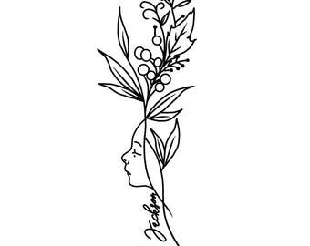 Baby Side Profile Line Art, Custom Art, Birth Flowers, Birth Flower ...