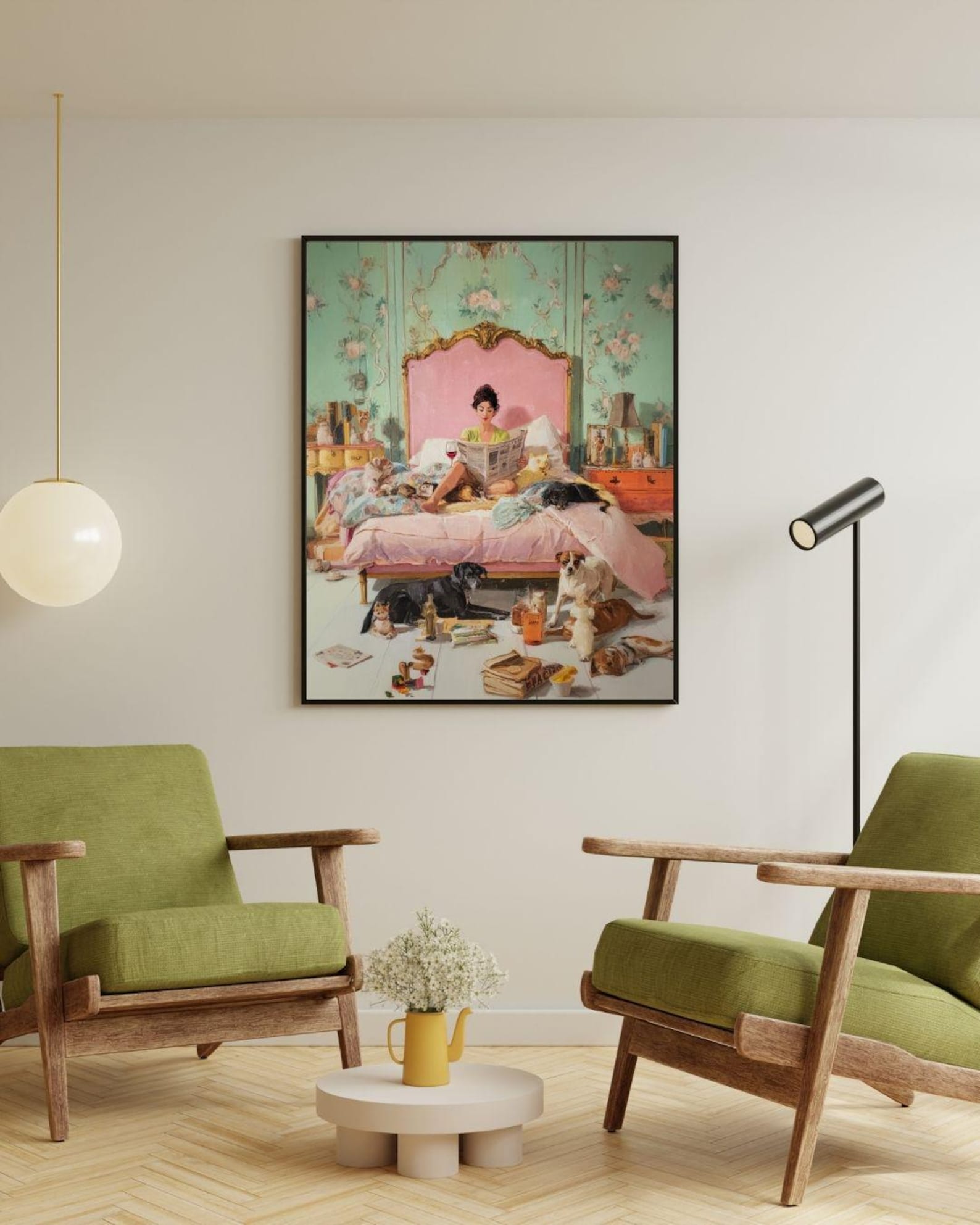 Woman Reading in Bed With Dogs, Whimsical Vintage Wall Art Print, Cozy ...