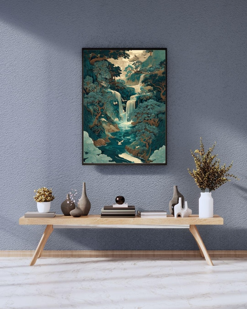 Cascading Waterfall Landscape, Japandi Ukiyo-e Style, Nature Wall Art ...