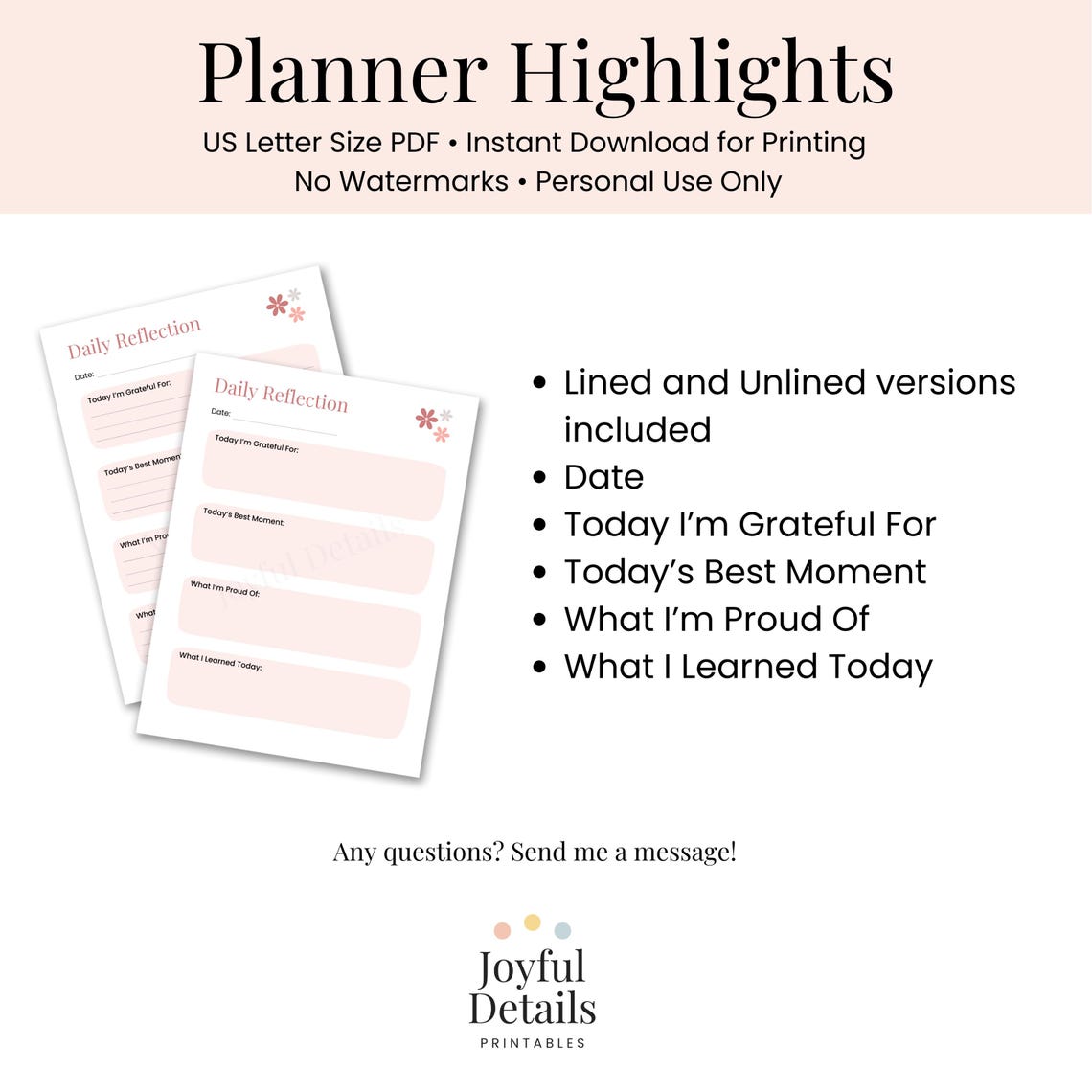 Daily Reflection and Gratitude Printable Journal Page PDF | Lined ...