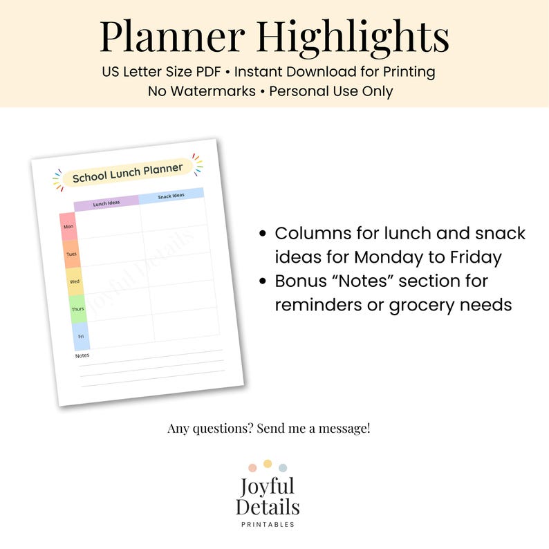 School Lunch Planner Printable | Weekly Lunch & Snack Idea Tracker for ...