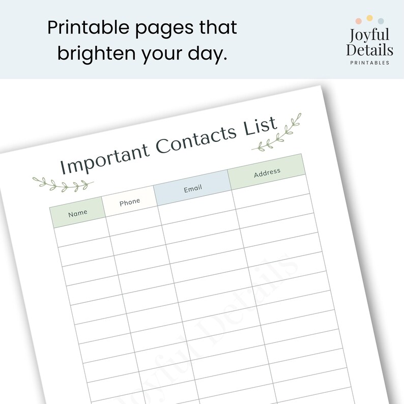 Important Contacts List Printable | Green Leaves Theme Emergency Info ...