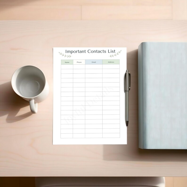 Important Contacts List Printable | Green Leaves Theme Emergency Info ...