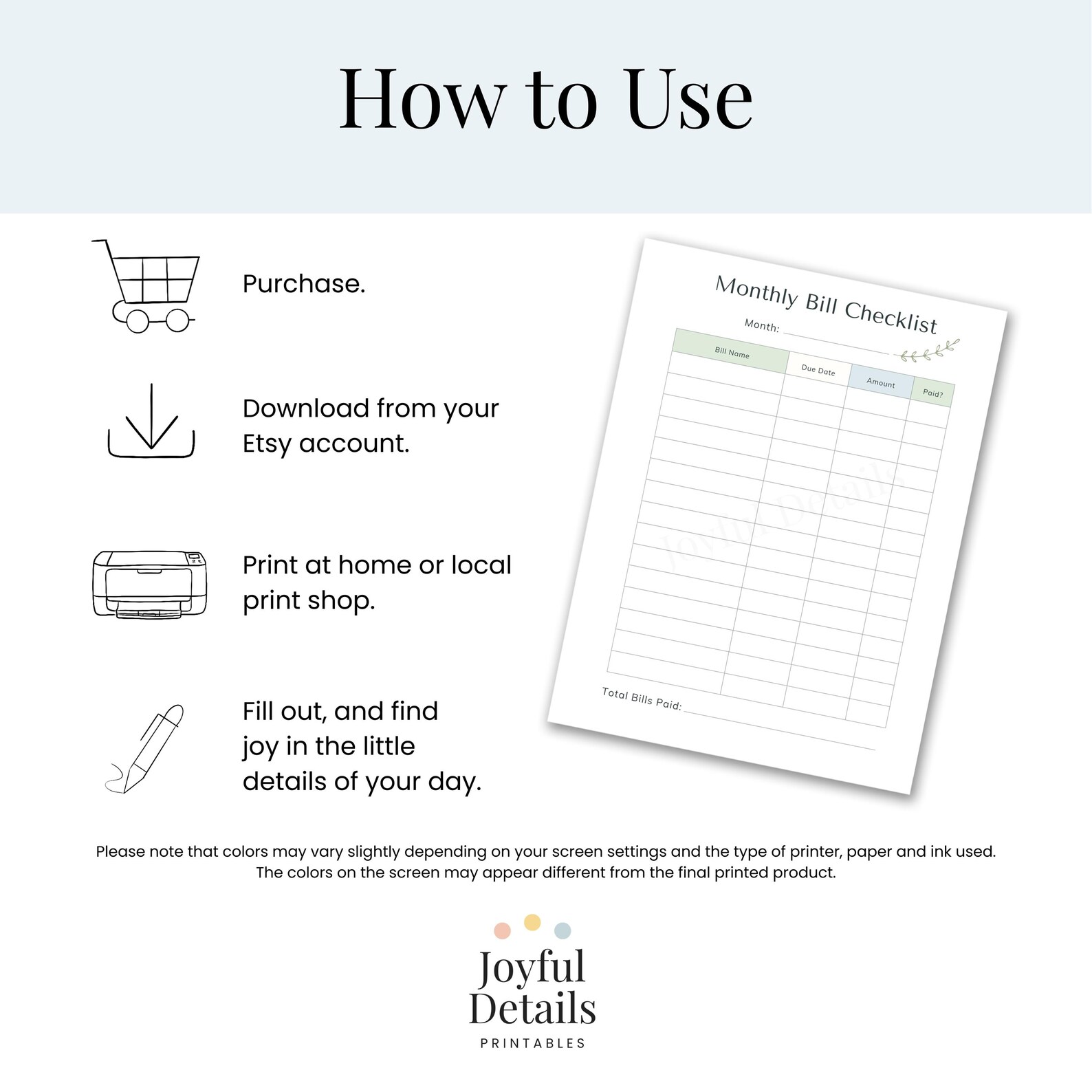 Monthly Bill Checklist Printable | Simple Budget Tracker Finance ...
