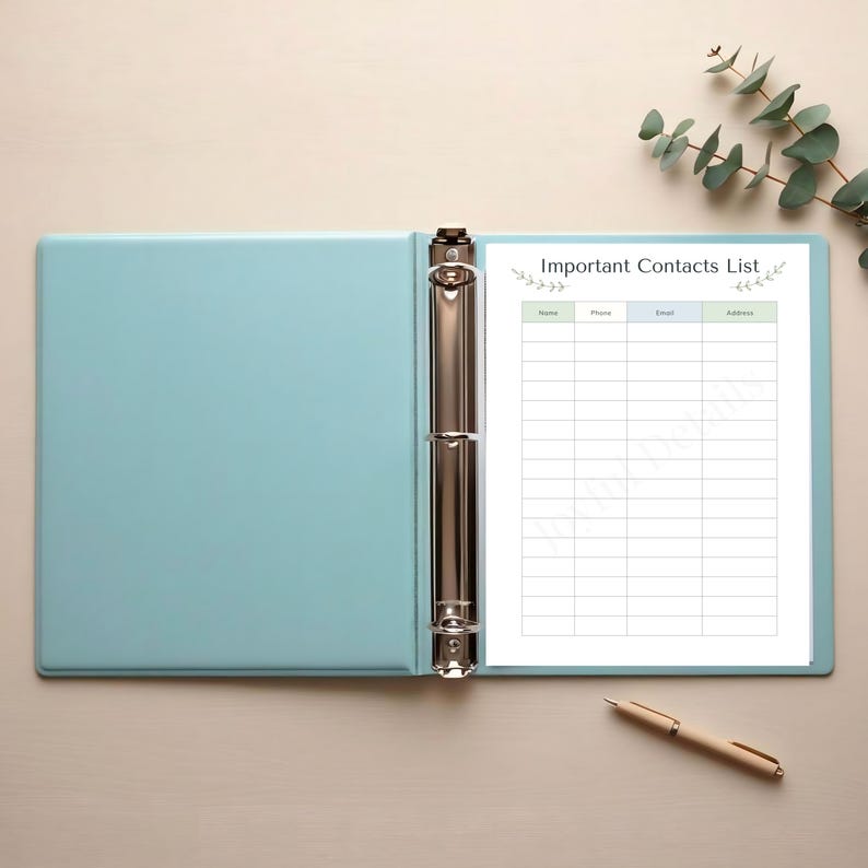 Important Contacts List Printable | Green Leaves Theme Emergency Info ...
