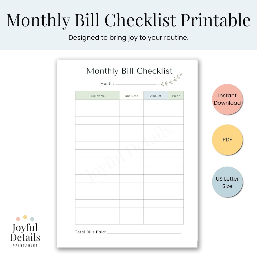 Monthly Bill Checklist Printable | Simple Budget Tracker Finance ...