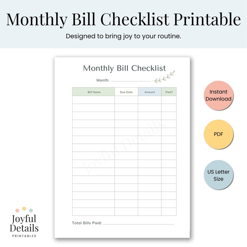 Monthly Bill Checklist Printable | Simple Budget Tracker Finance ...