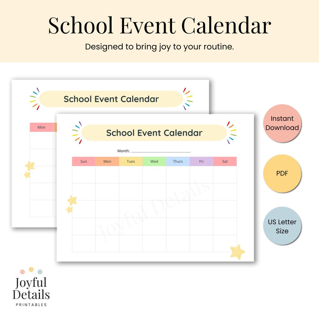 School Event Calendar Printable | Colorful Monthly Kids Calendar for ...