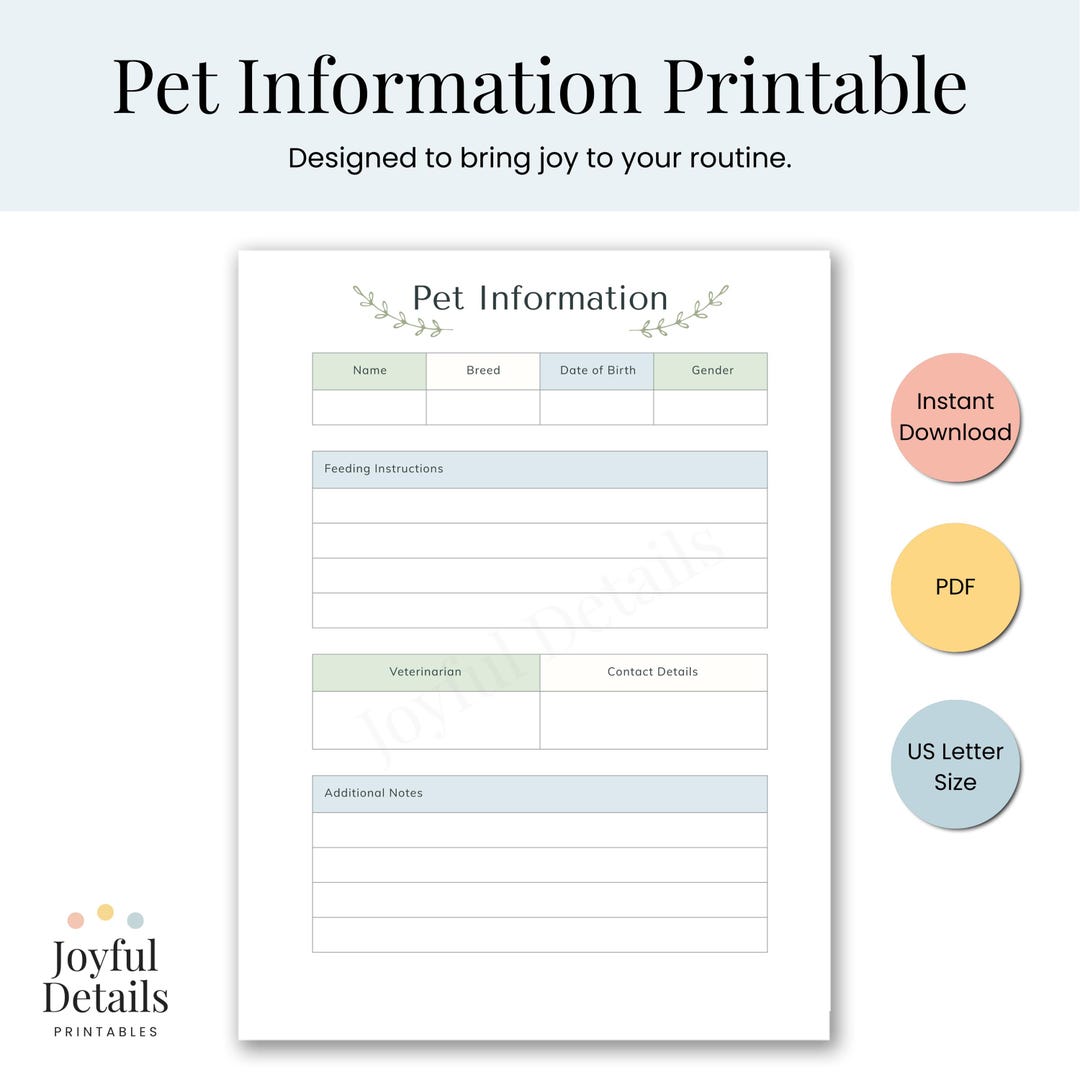 Pet Information Sheet Printable | Pet Care Tracker, Vet Info Template ...