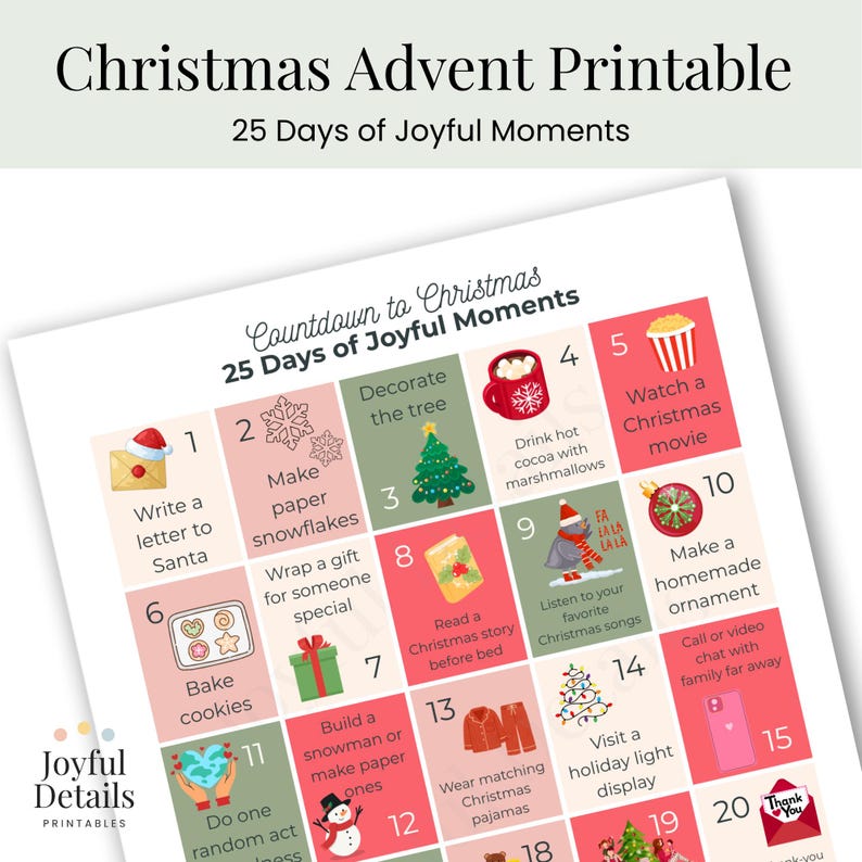 Christmas Joy Advent Calendar Printable 25 Days of Joyful Moments ...